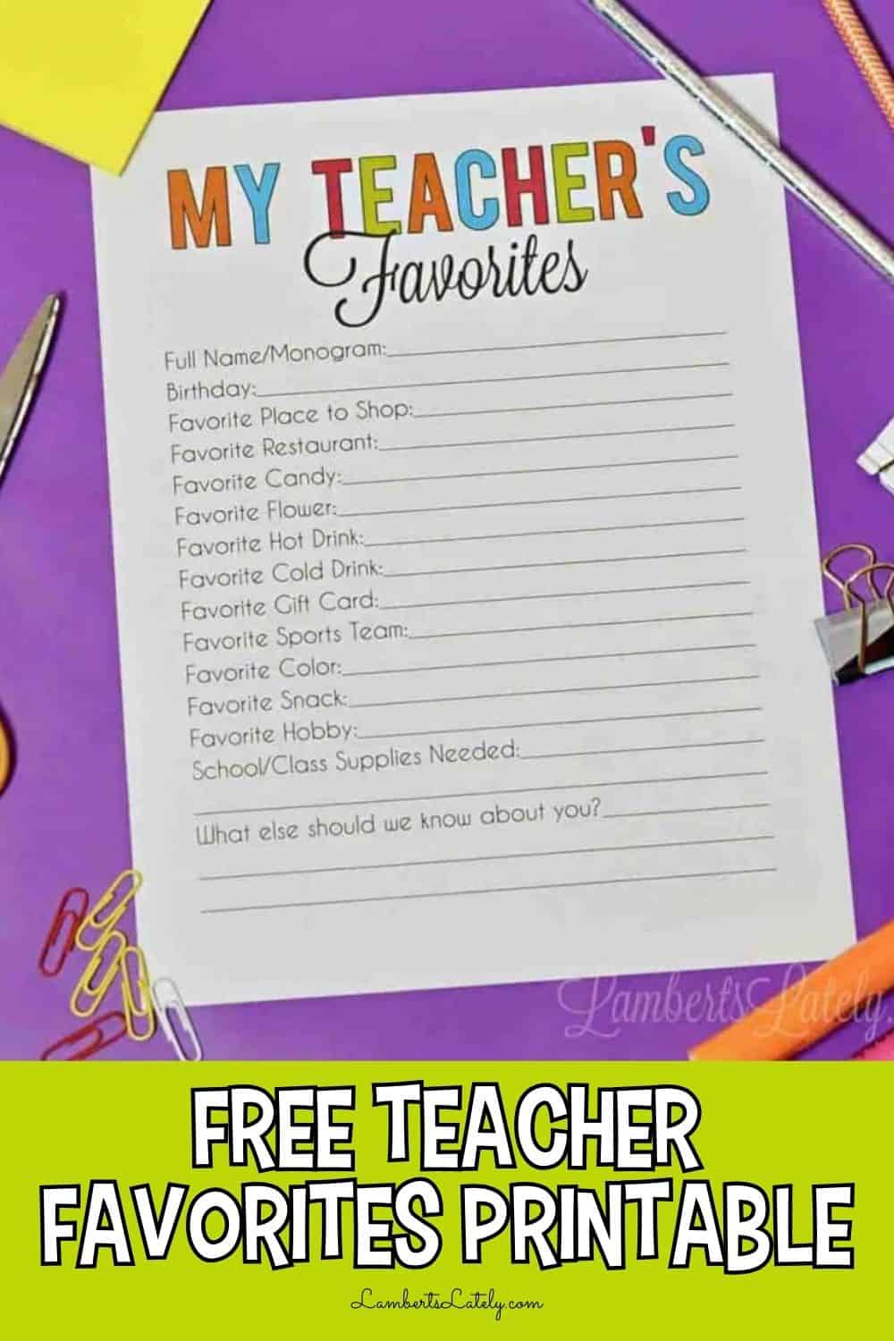 Free Printable Teacher Favorite Things Form | LL Home